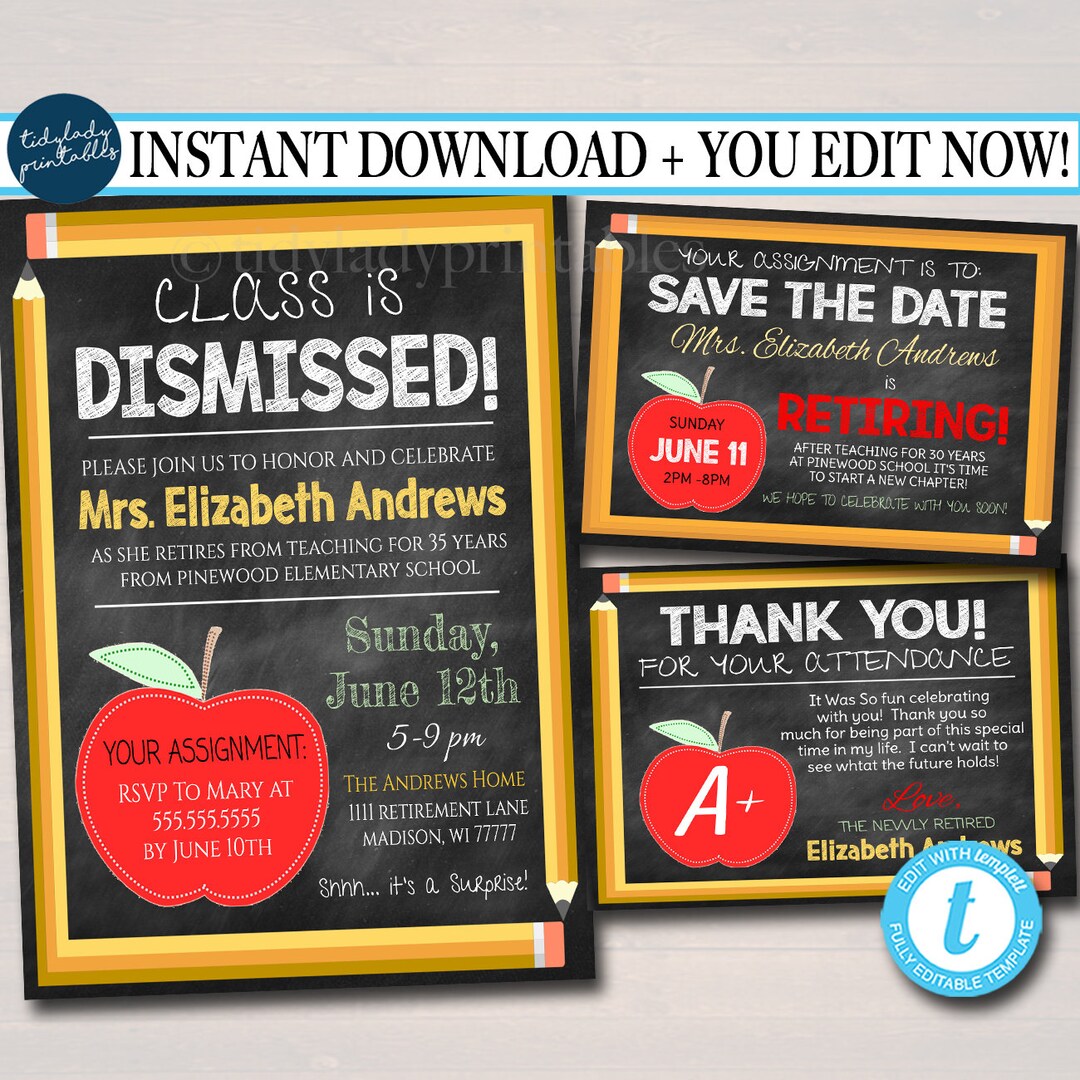 Editable Teacher Retirement Invitation Chalkboard Printable Digital ...