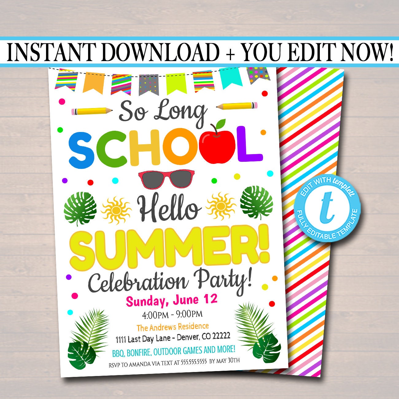 EDITABLE End of School Party Invitation Printable Digital - Etsy UK