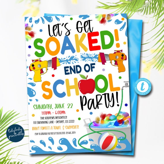EDITABLE End of School Pool Party Invitation, Printable Digital Invite ...