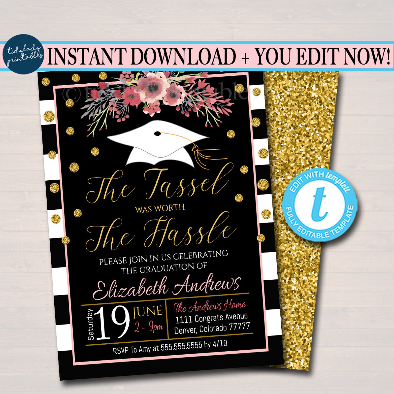 Editable Graduation Invitation Floral Printable Woman Girl - Etsy
