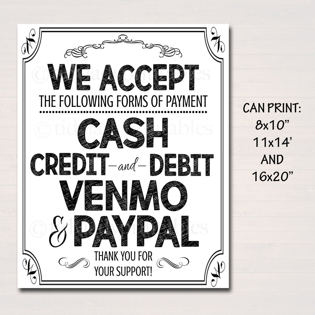 Credit Card Sign: We Accept Cash, Credit, Venmo, Paypal (printable) - Etsy