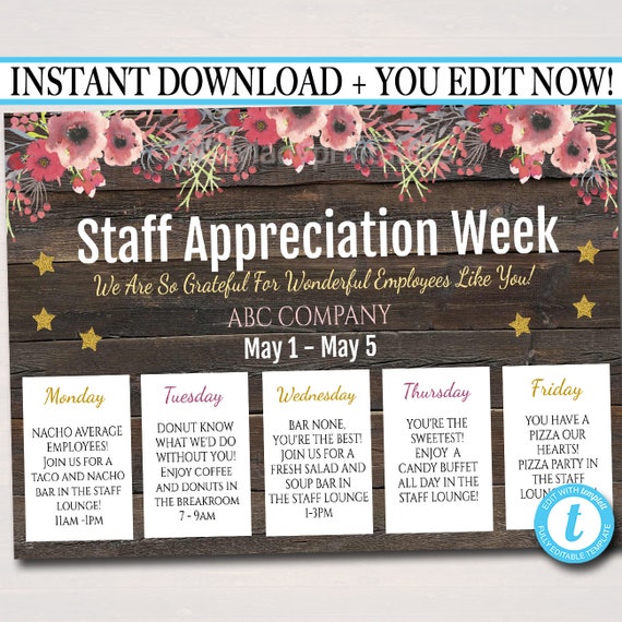 EDITABLE Staff Appreciation Week Itinerary Poster, Digital File ...