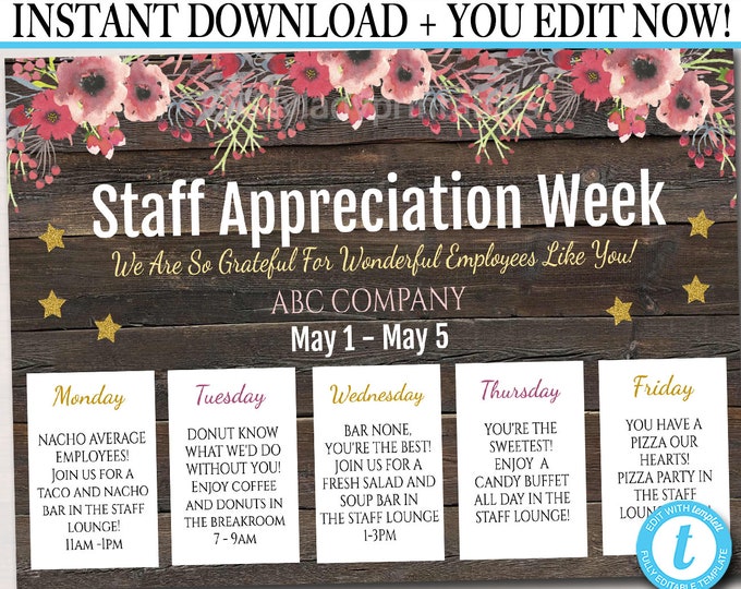 EDITABLE Staff Appreciation Week Itinerary Poster Digital - Etsy