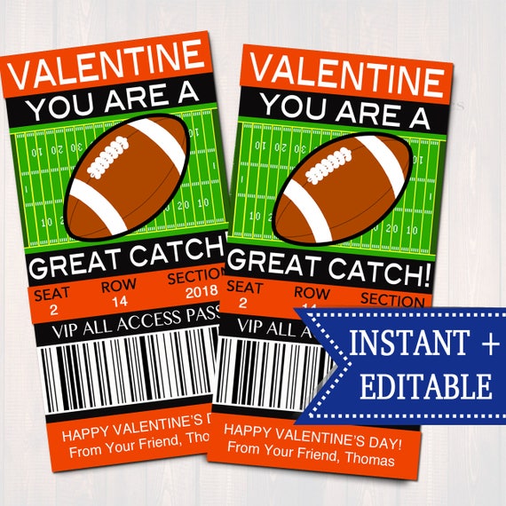 EDITABLE Football Ticket Valentine's Day Cards, INSTANT DOWNLOAD ...