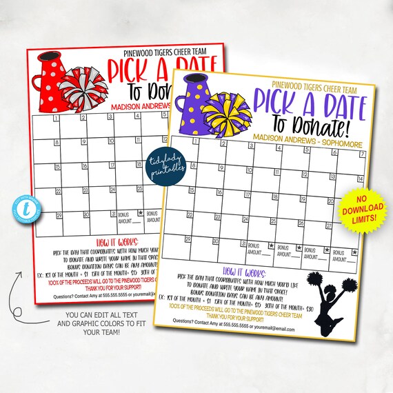 EDITABLE Cheer Pick A Date To Donate Printable Cheerleader Fundraiser 