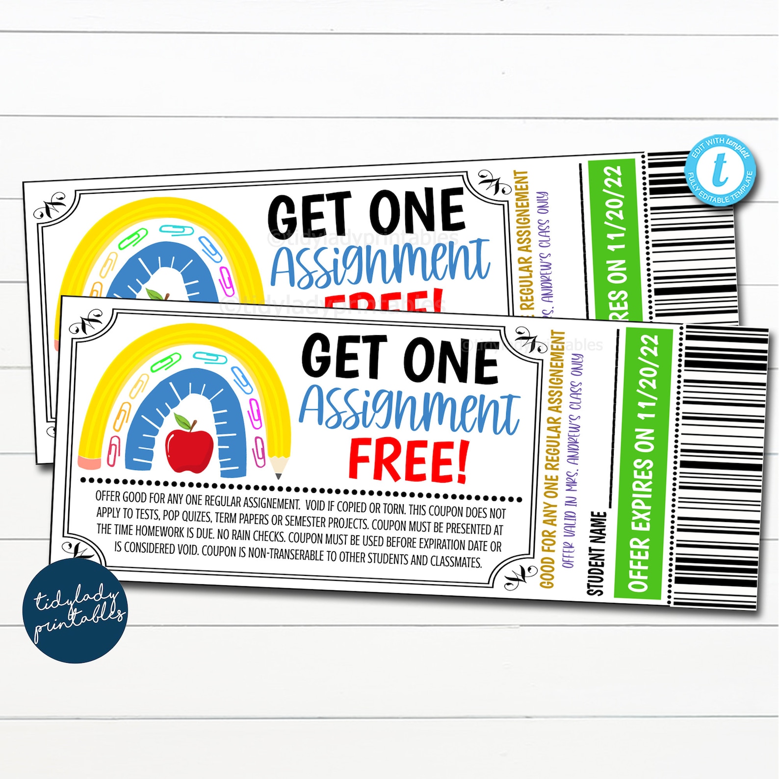 EDITABLE Kids Homework Coupon Kids Homework Pass High School - Etsy