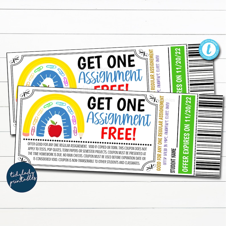 EDITABLE Kids Homework Coupon Kids Homework Pass High School - Etsy