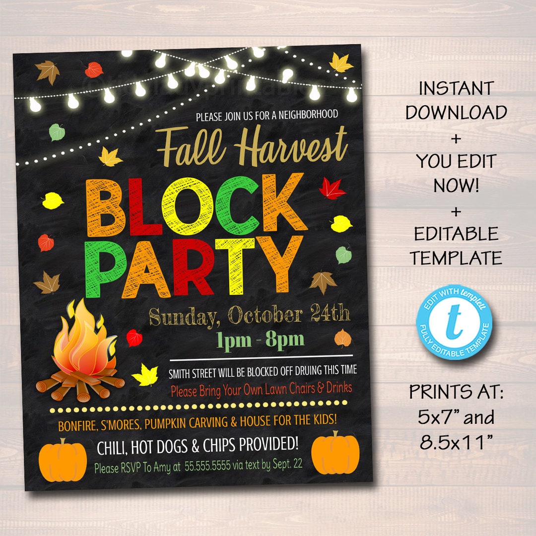 EDITABLE Fall Block Party Festival Harvest Invite Flyer, Printable ...