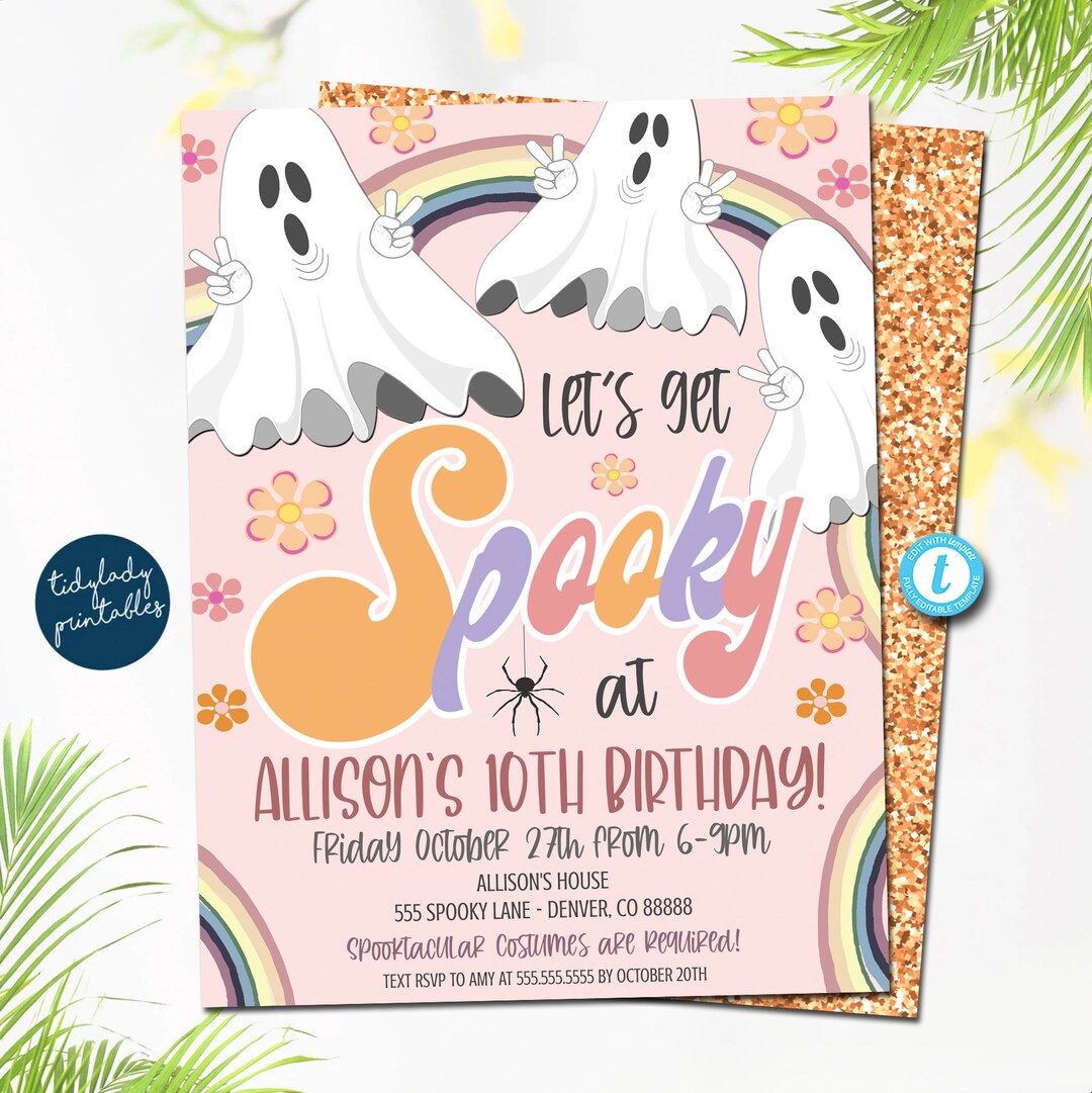 Let's Get Spooky Birthday Invitation, Hippie Ghost Pink Pastel Girl ...