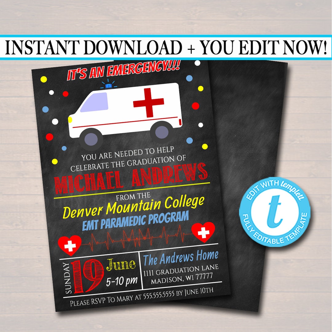 Editable Paramedic EMT Graduation Invitation Chalkboard Printable ...