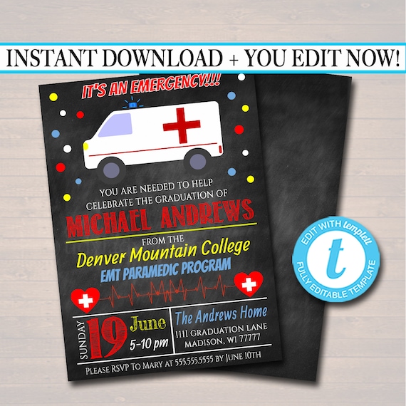 Editable Paramedic EMT Graduation Invitation Chalkboard Printable ...