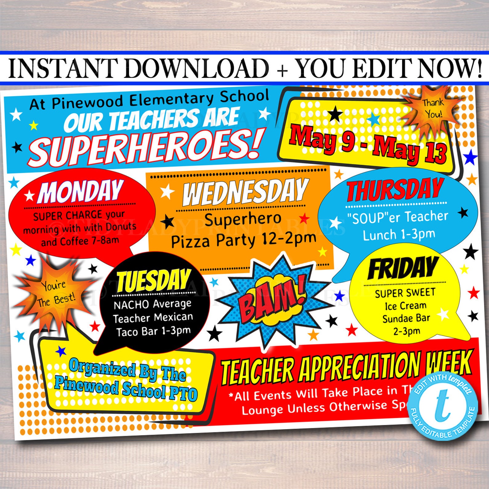 EDITABLE Superhero Teacher Appreciation Week Itinerary Poster - Etsy