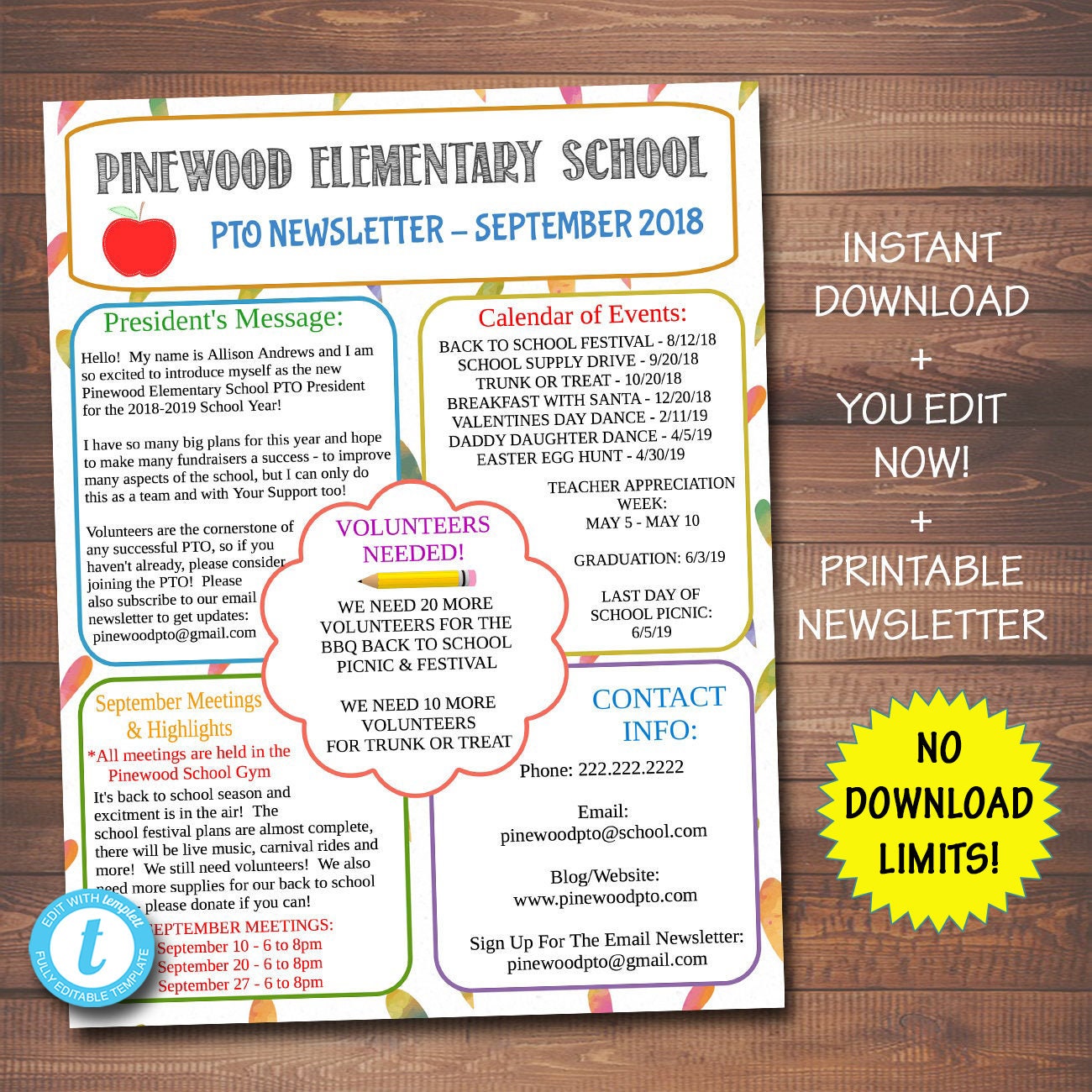 Editable PTO PTA Newsletter Template: School Fundraiser, Event, Meeting ...