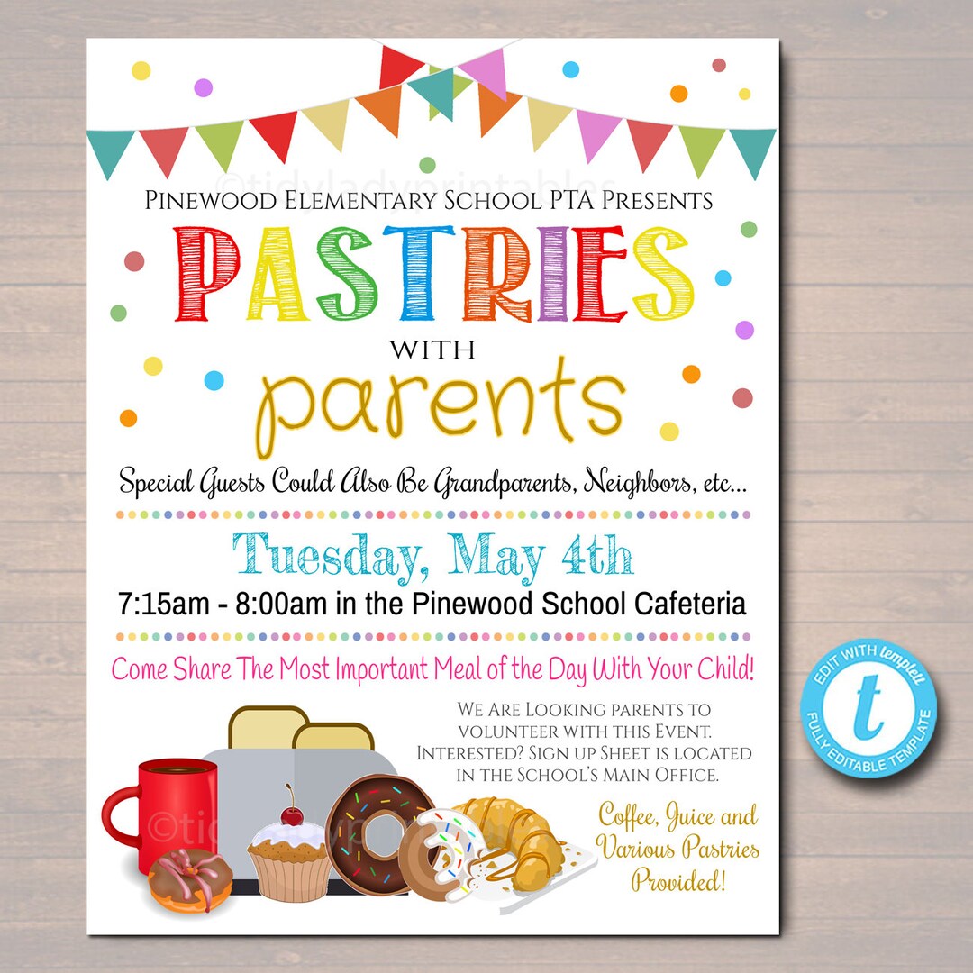 Pastries With Parents Flyer: School PTA Event, Editable Invitation ...
