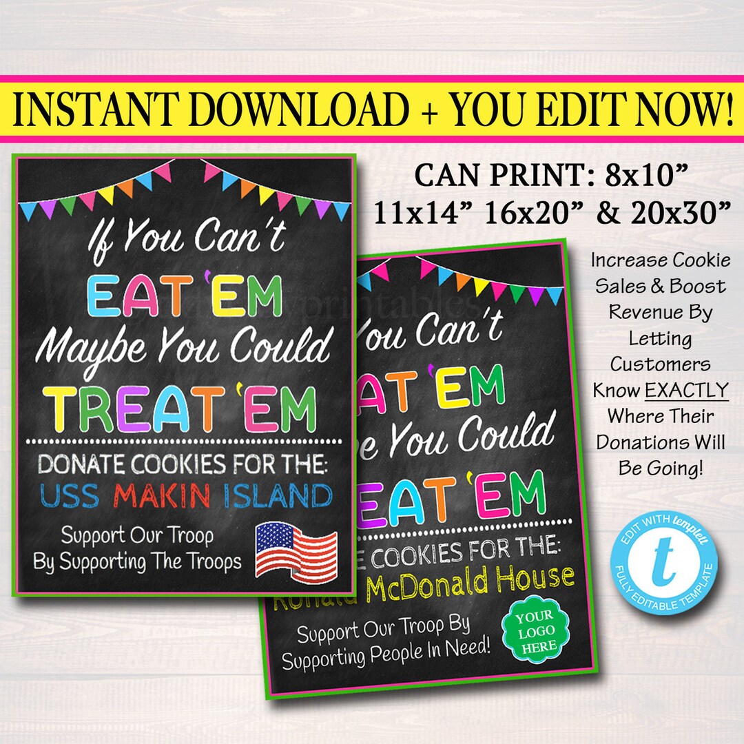 Editable Cookie Booth Sign: Donate Cookies for Military (instant ...