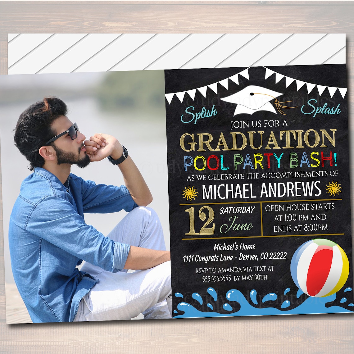 Editable Pool Party Graduation Invitation Chalkboard Printable | Etsy