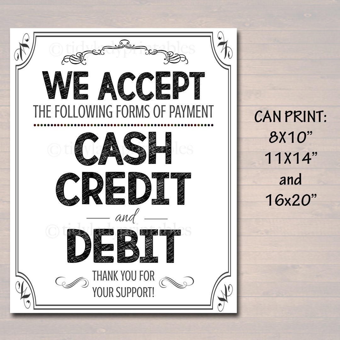 Printable Credit Card Sign: Cash, Credit, Debit Accepted (digital ...