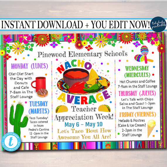 EDITABLE Nacho Average Teacher Appreciation Week Itinerary Poster ...