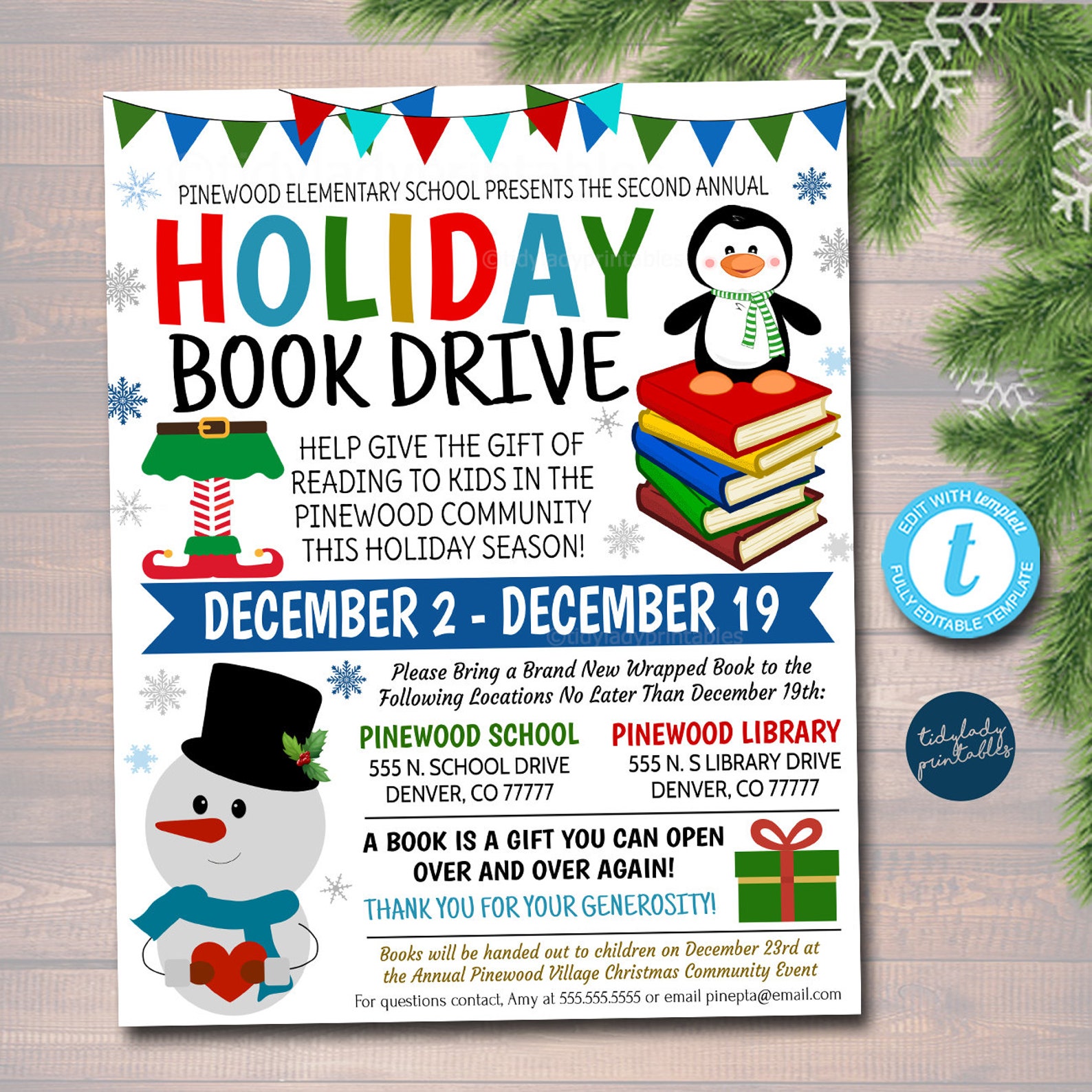 EDITABLE Holiday Book Drive Flyer Printable PTA PTO Flyer - Etsy