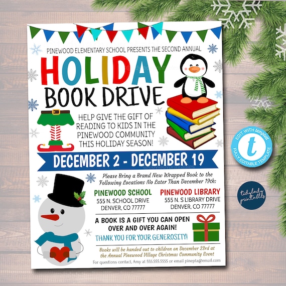 EDITABLE Holiday Book Drive Flyer, Printable PTA PTO Flyer School ...