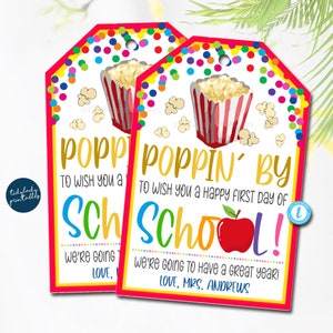 First Day of School Popcorn Gift Tag, Popping by to Wish You a Happy ...