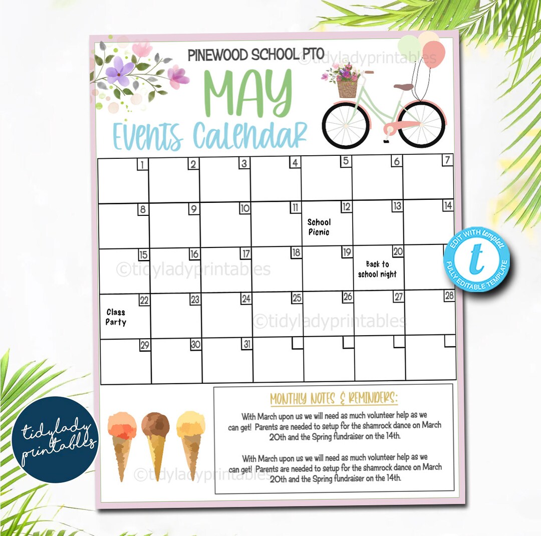 EDITABLE May Events Calendar, Spring PTO PTA Printable Handout, School ...