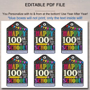 Happy 100th Day of School Gift Tags, School Pto Pta, Printable Party ...