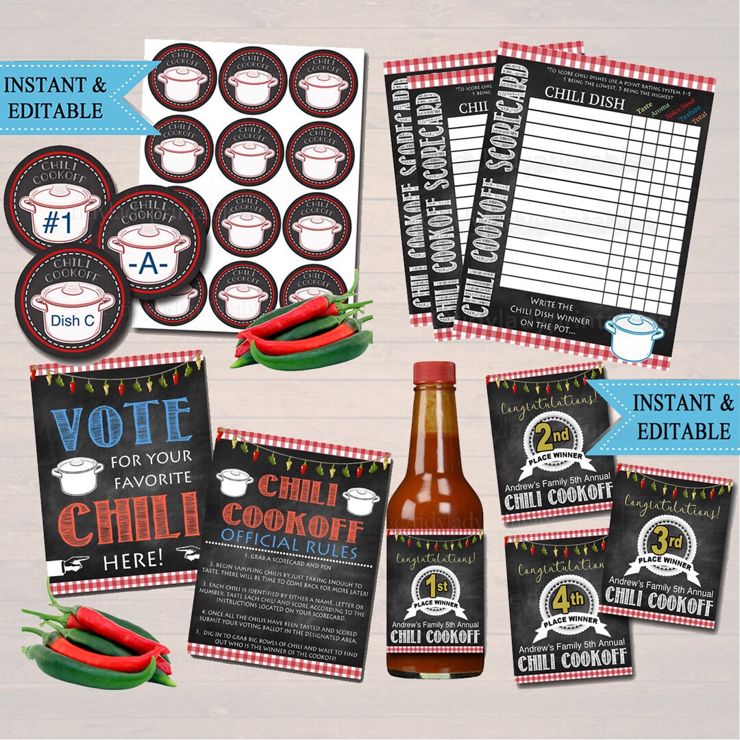 Chili Cookoff Party Set: Printable Awards, Signs, Scorecards (editable ...
