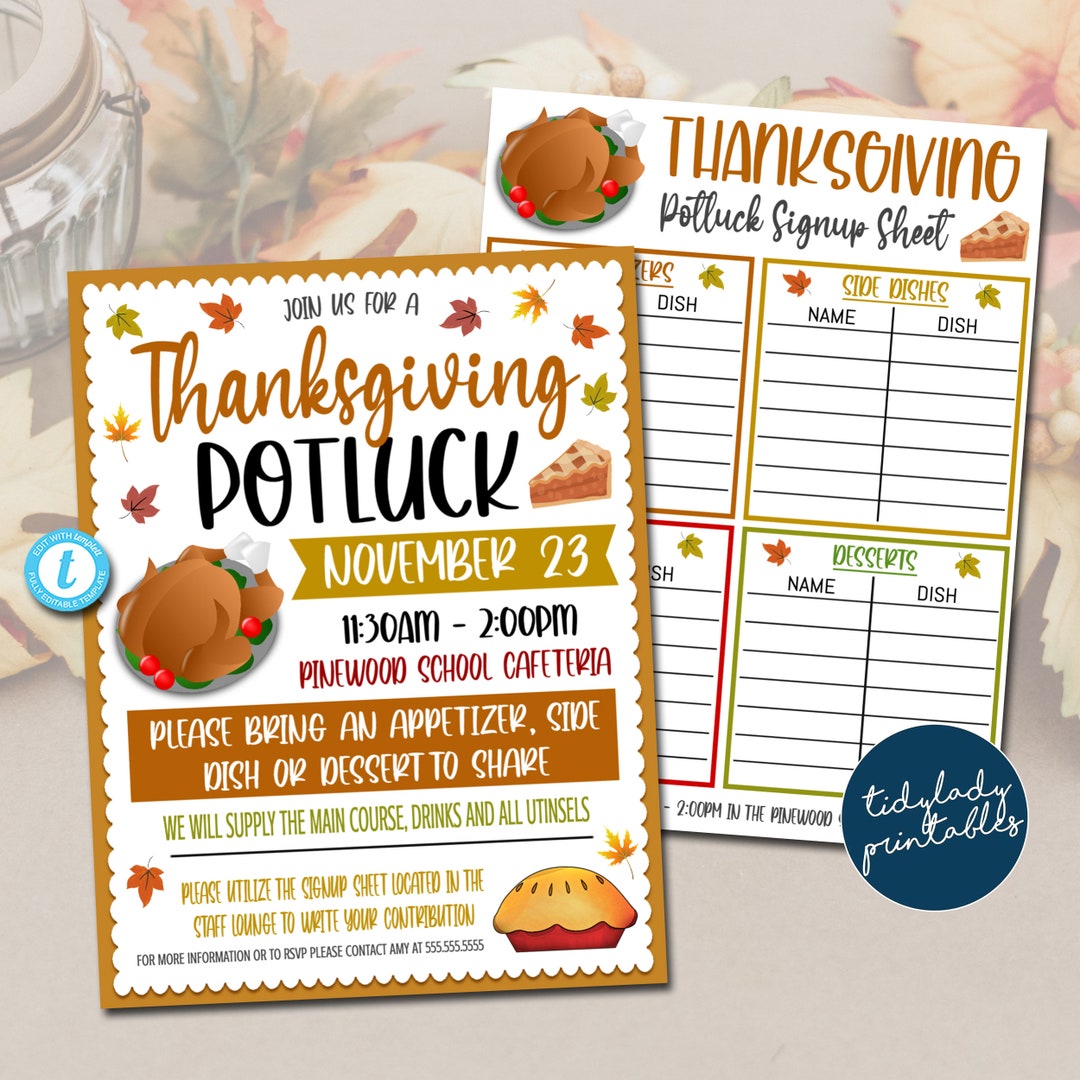 Thanksgiving Potluck Flyer & Sign up Sheet Template (editable Text) - Etsy