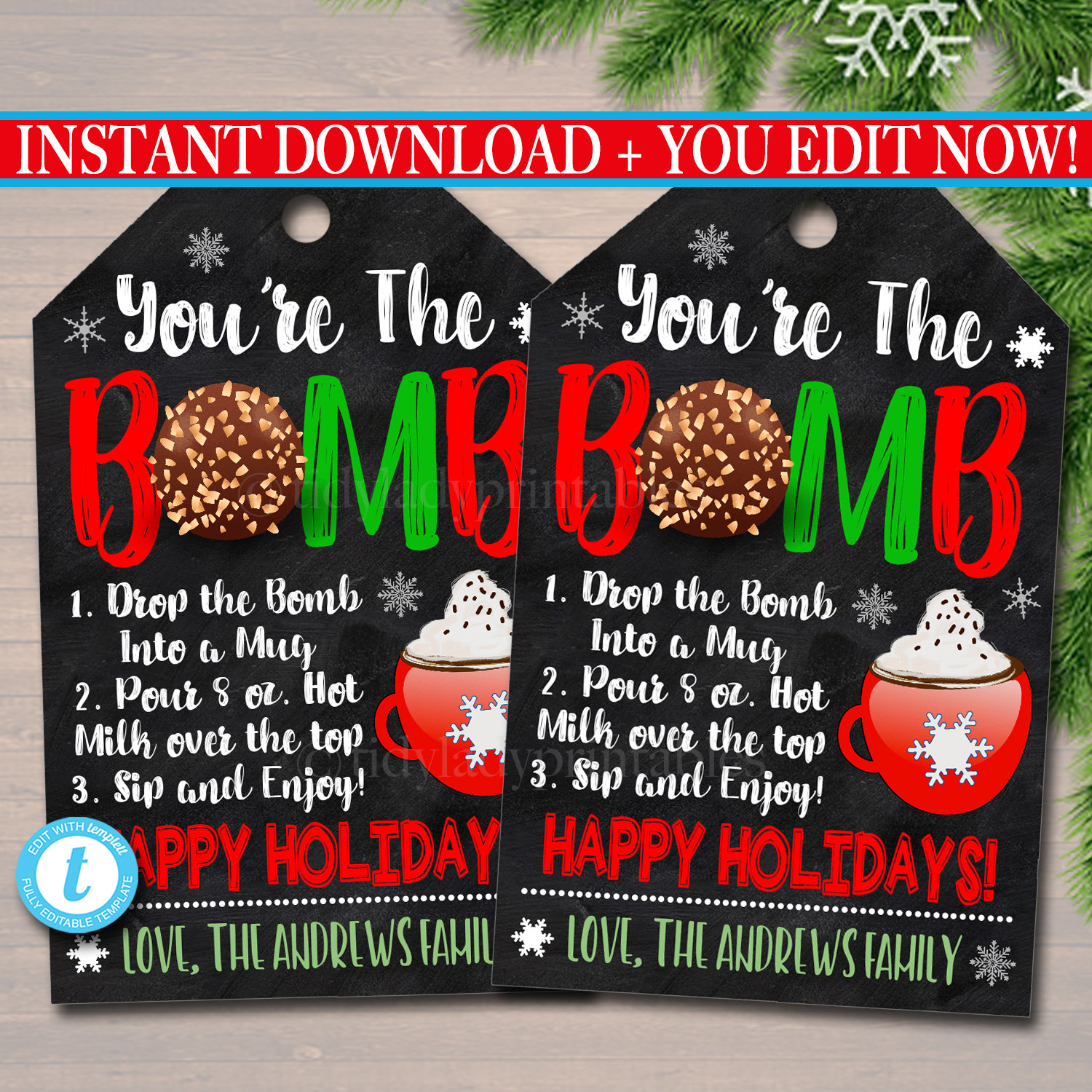 Hot Chocolate Bomb Gift Tag: Editable Christmas Teacher Staff (digital ...