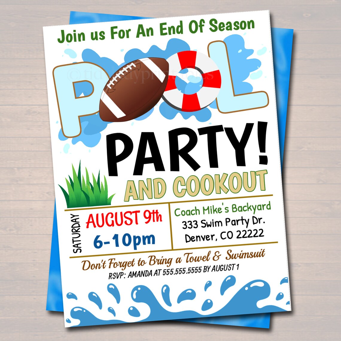 EDITABLE Summer Pool Football Party Invitation Printable - Etsy