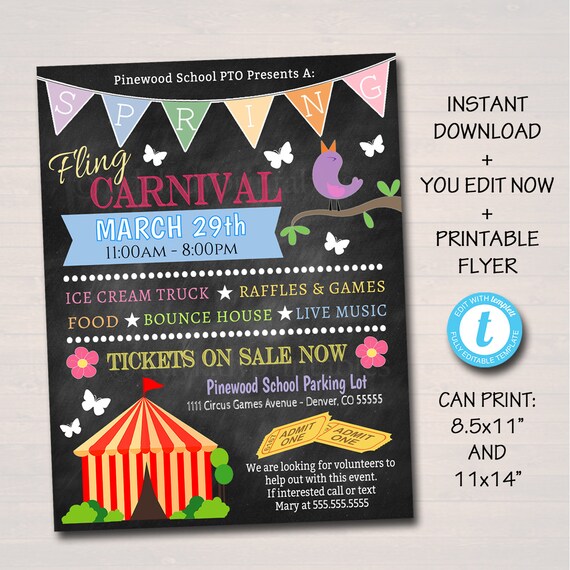 EDITABLE Spring Carnival Flyer, Printable PTA PTO Flyer, School Church ...