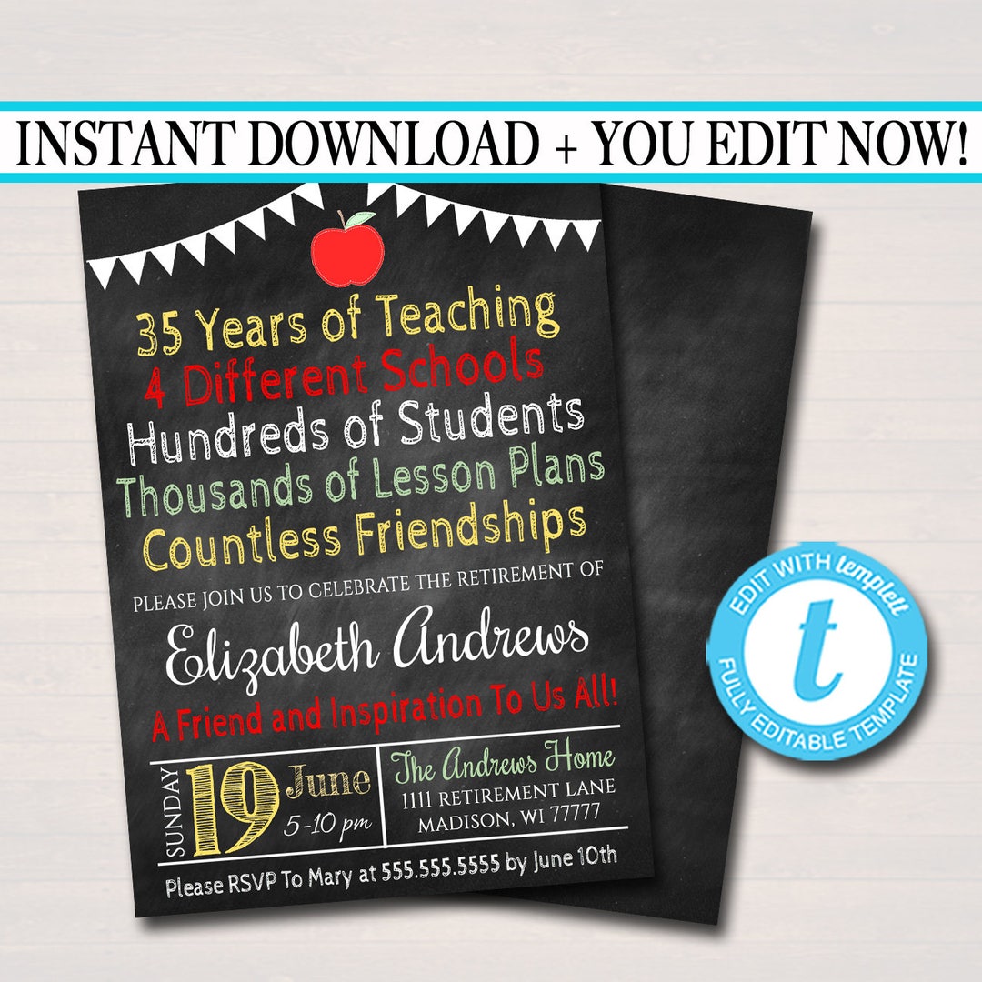 Editable Teacher Retirement Invitation: Chalkboard Career Stats ...
