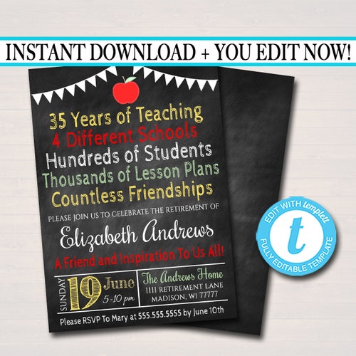 Editable Teacher Retirement Invitation Chalkboard Printable - Etsy