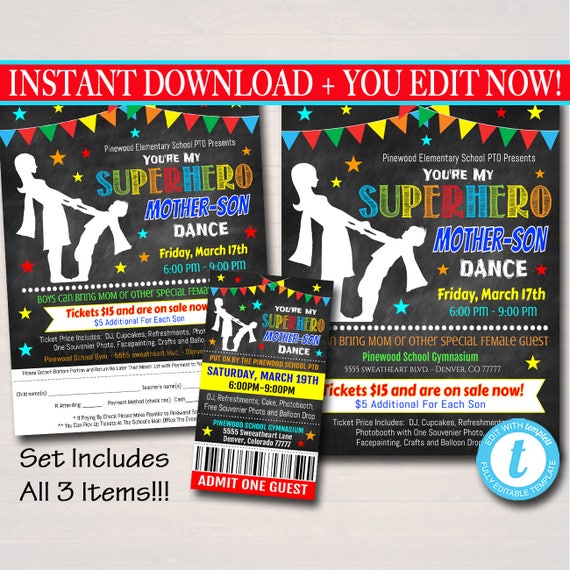 EDITABLE Mother Son School Dance Set, Dance Flyer Party Superhero ...
