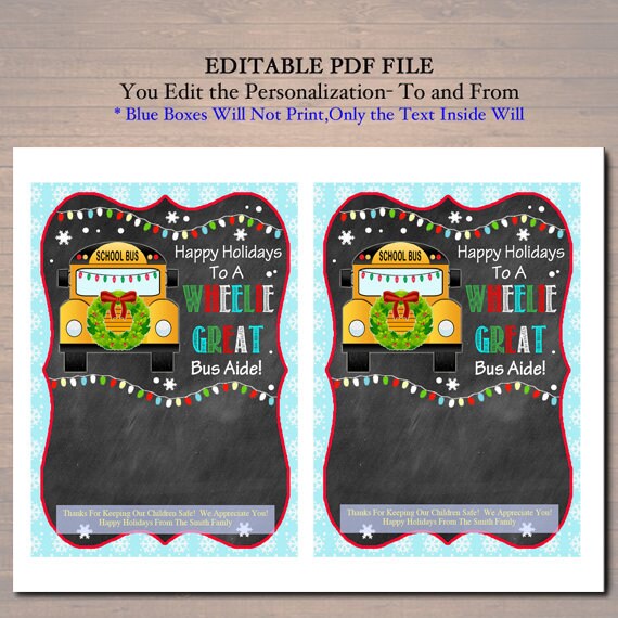 EDITABLE Christmas Bus Aide Gift Card Holder, Printable Holiday Gift ...