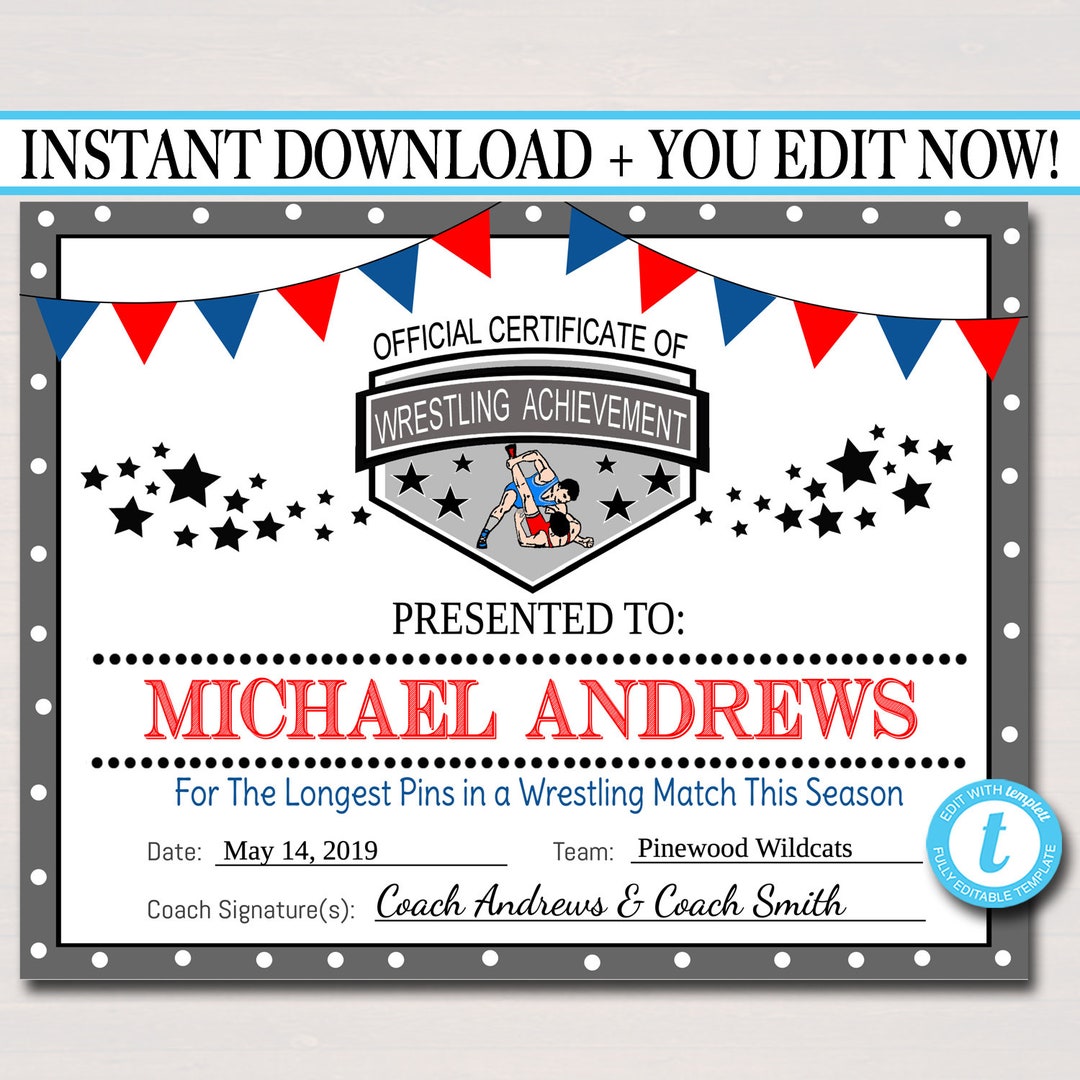 Editable Wrestling Award Certificate: Team Party Printable (instant ...