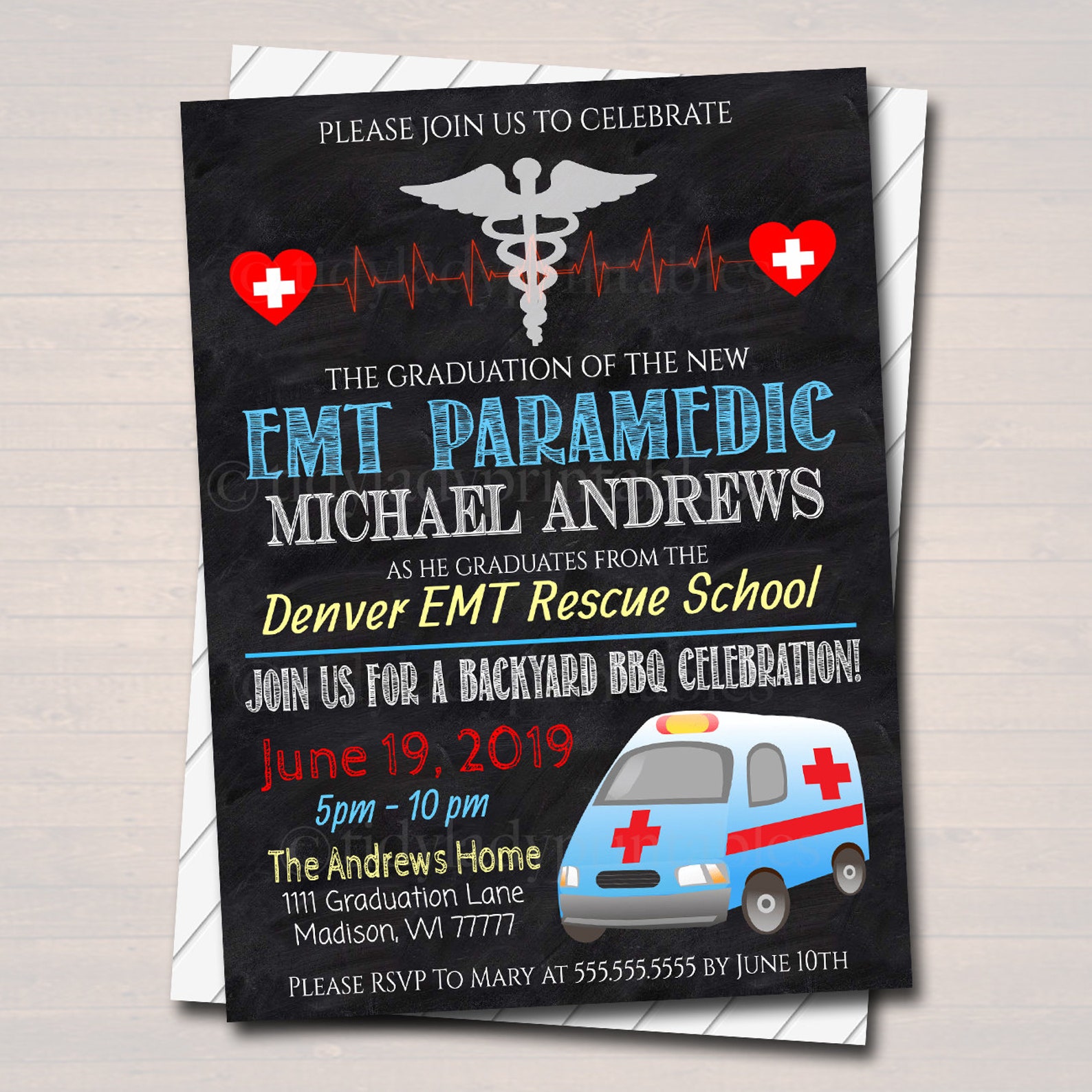 Editable Paramedic EMT Graduation Invitation Chalkboard | Etsy