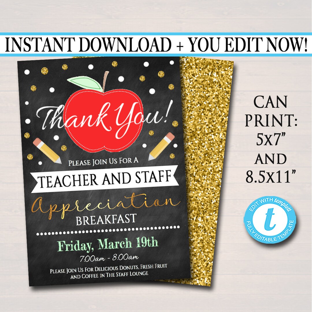 Editable Teacher Appreciation Staff Invitation, Chalkboard Printable ...