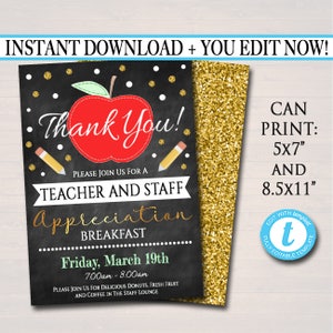 Editable Teacher Appreciation Staff Invitation, Chalkboard Printable ...