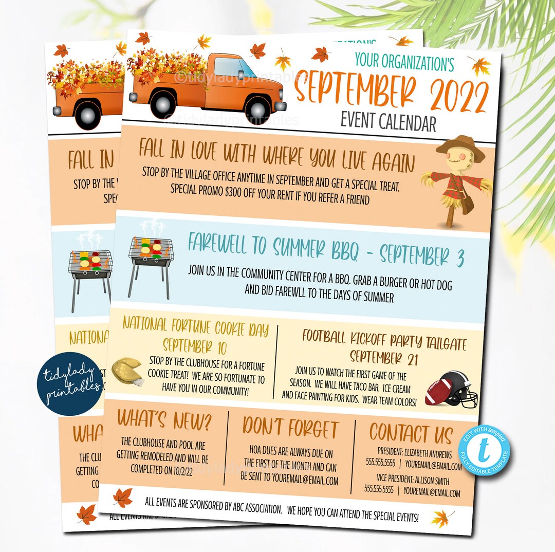 September Events Newsletter Flyer, School Pto Pta Printable, HOA ...