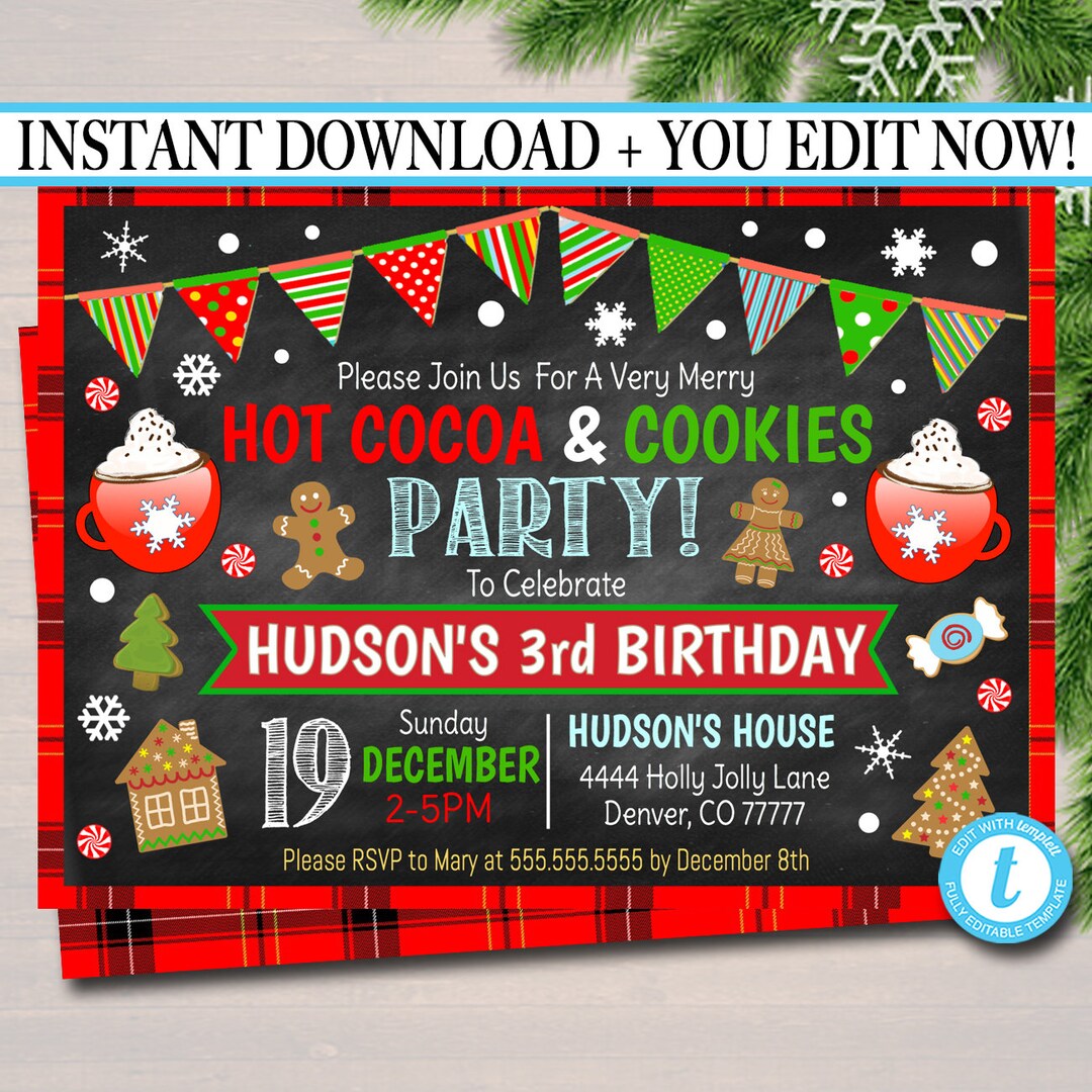 Hot Cocoa & Cookies Christmas Party Invitation: Editable Plaid Design ...