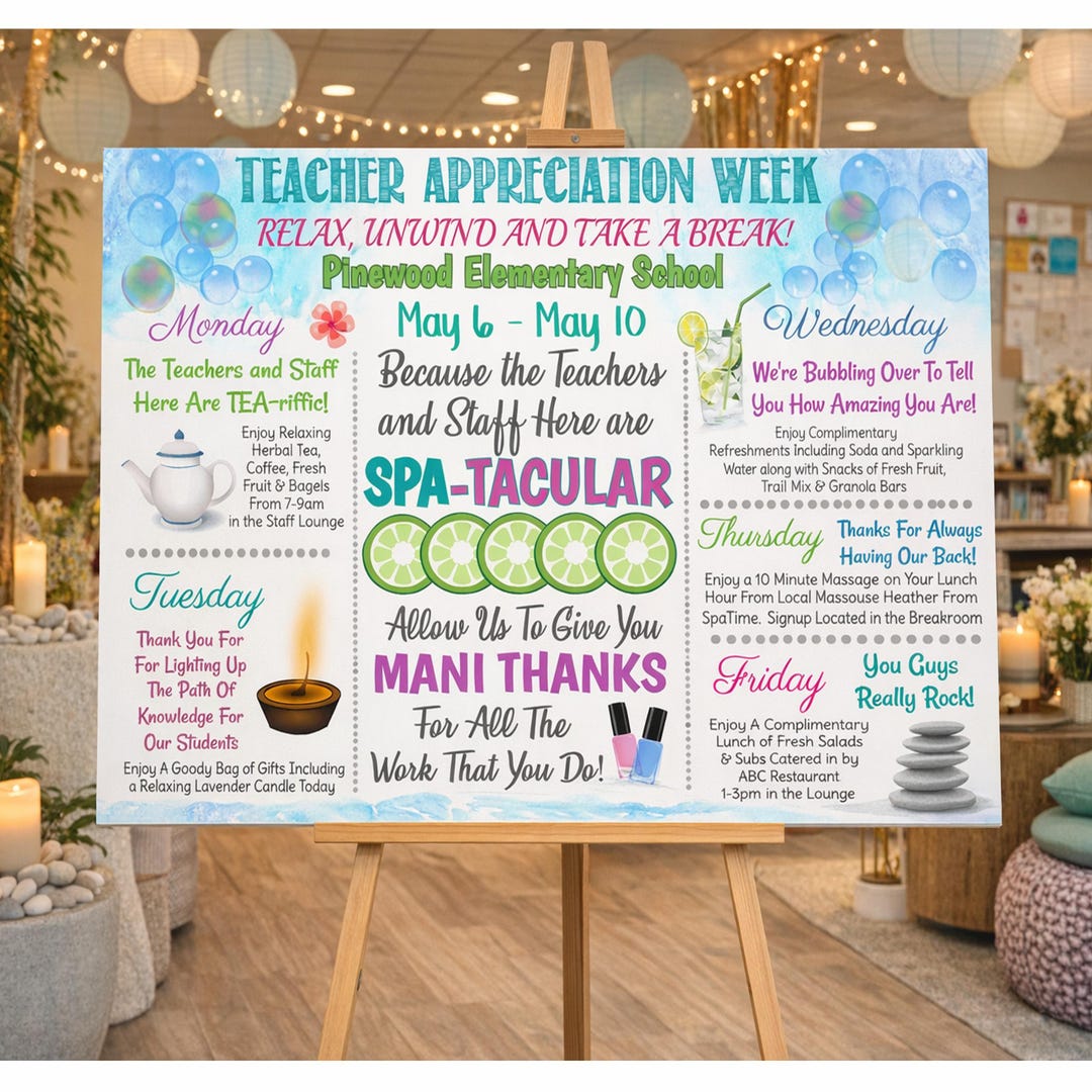 Editable Spa Theme Teacher Appreciation Week Itinerary Poster ...