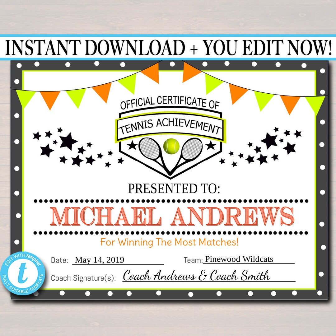 EDITABLE Tennis Award Certificates, INSTANT DOWNLOAD, Team Tennis ...