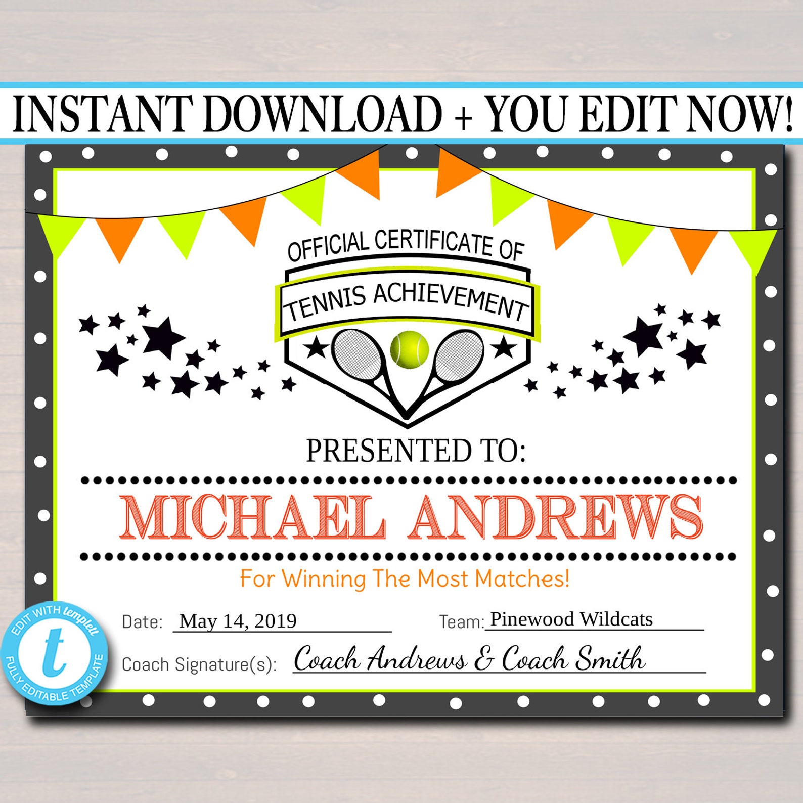 Editable Tennis Award Certificates: Team Party Printable (instant ...
