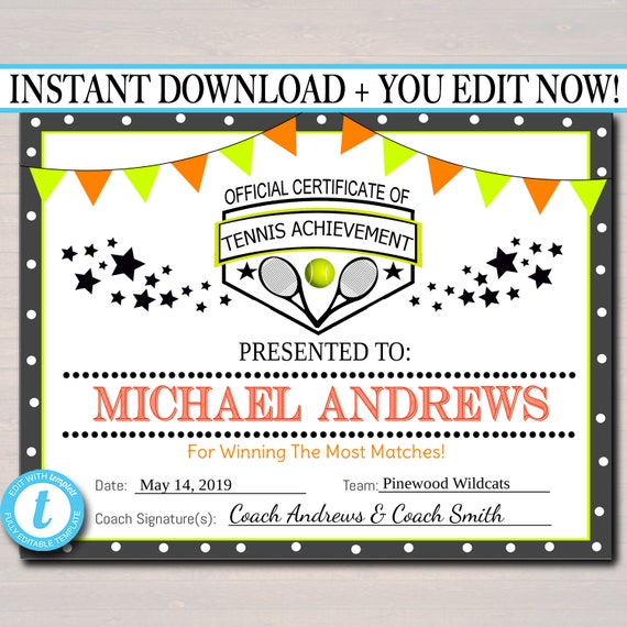 EDITABLE Tennis Award Certificates, INSTANT DOWNLOAD, Team Tennis ...
