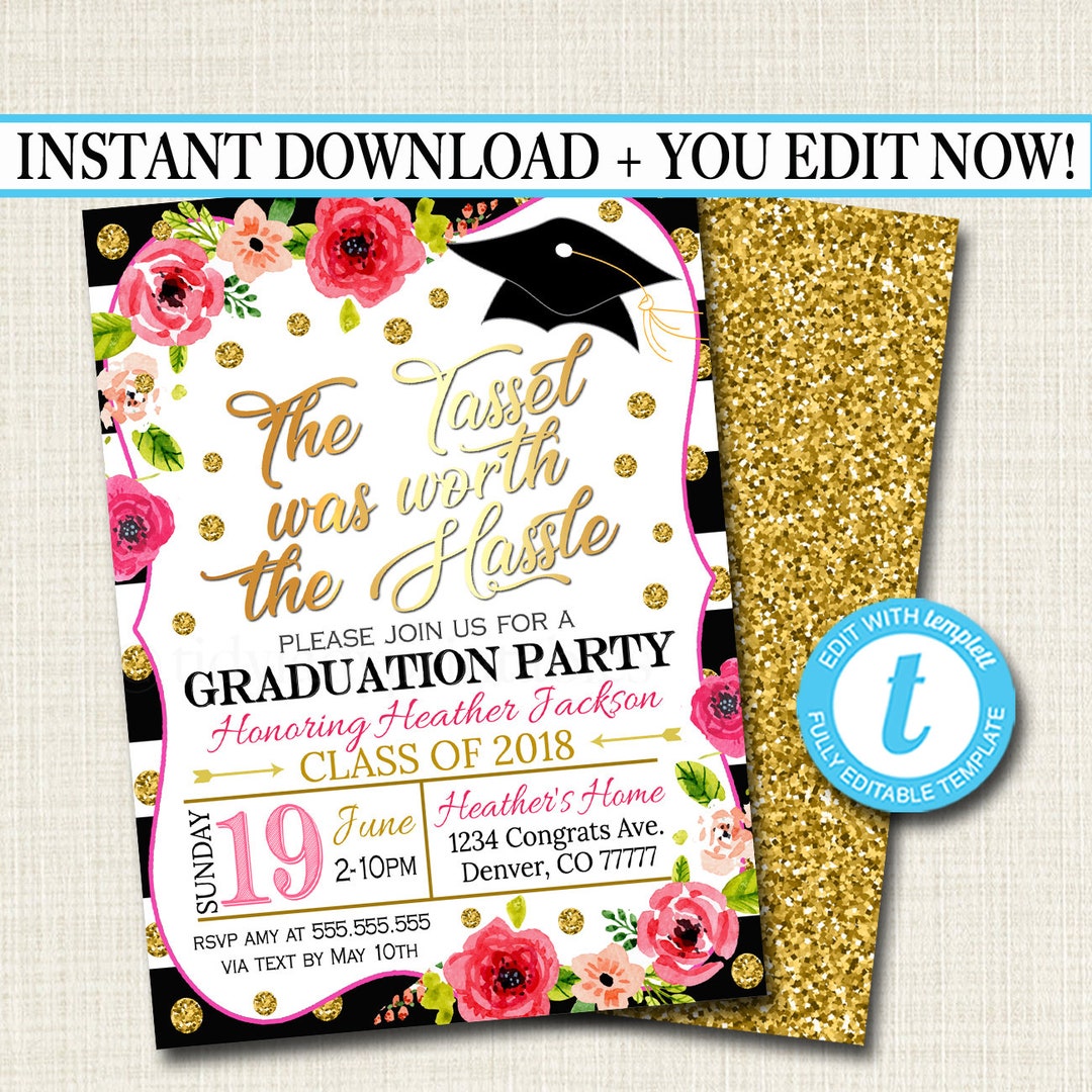 Editable Graduation Invitation, Floral Printable, Woman Girl College ...