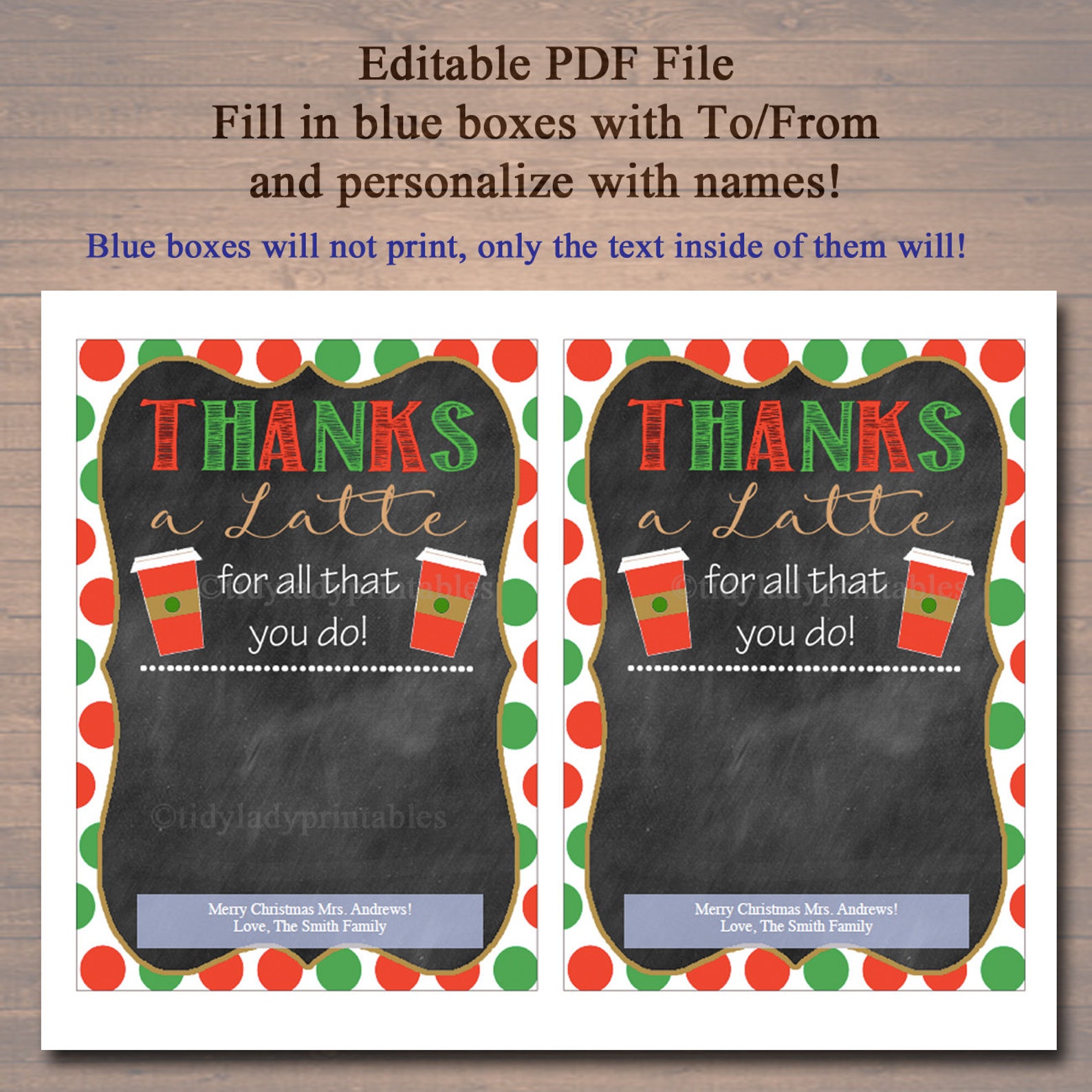 EDITABLE Coffee Card Holder Thanks a Latte Holiday Gift Card | Etsy