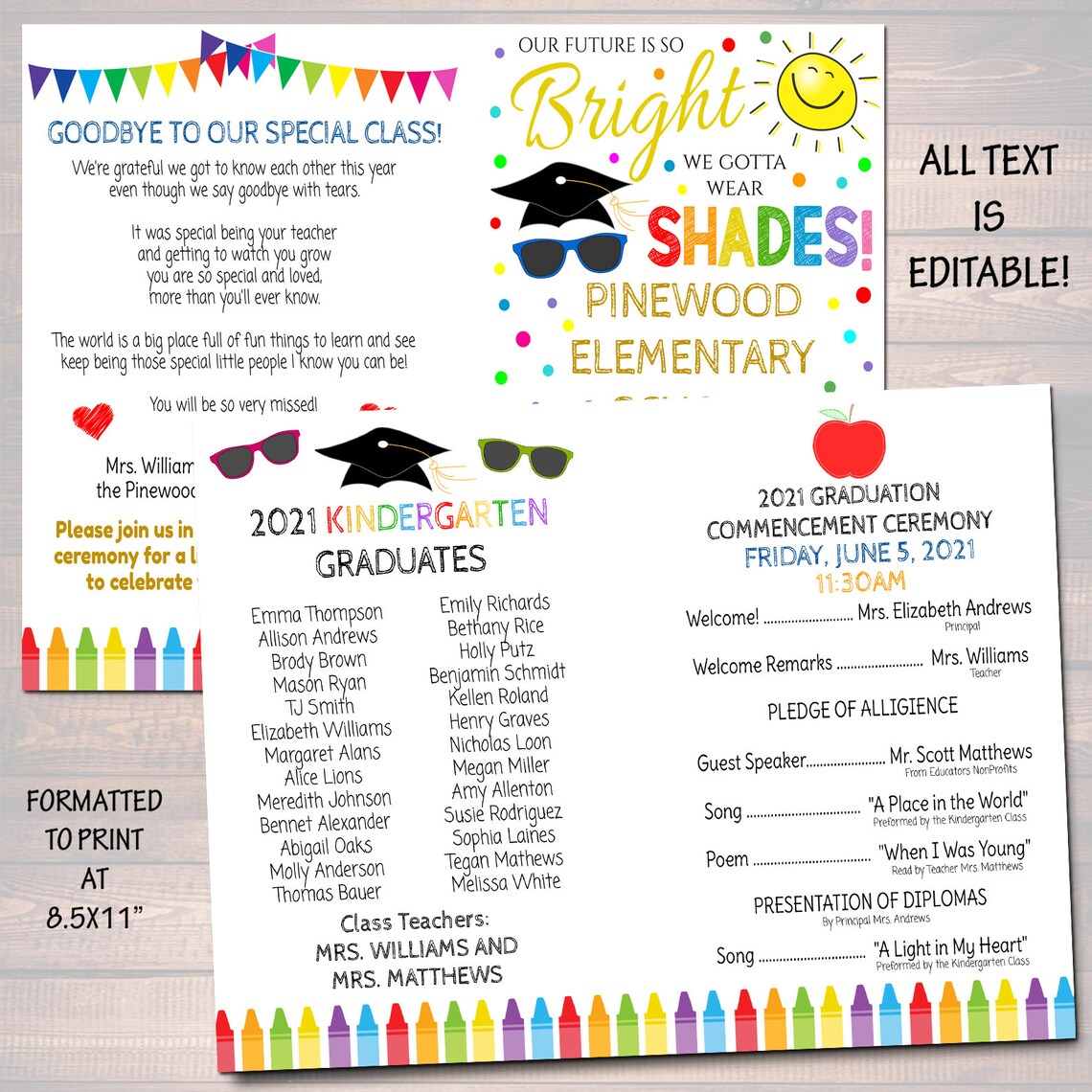 Graduation Ceremony Program Template Kindergarten Any Grade Etsy