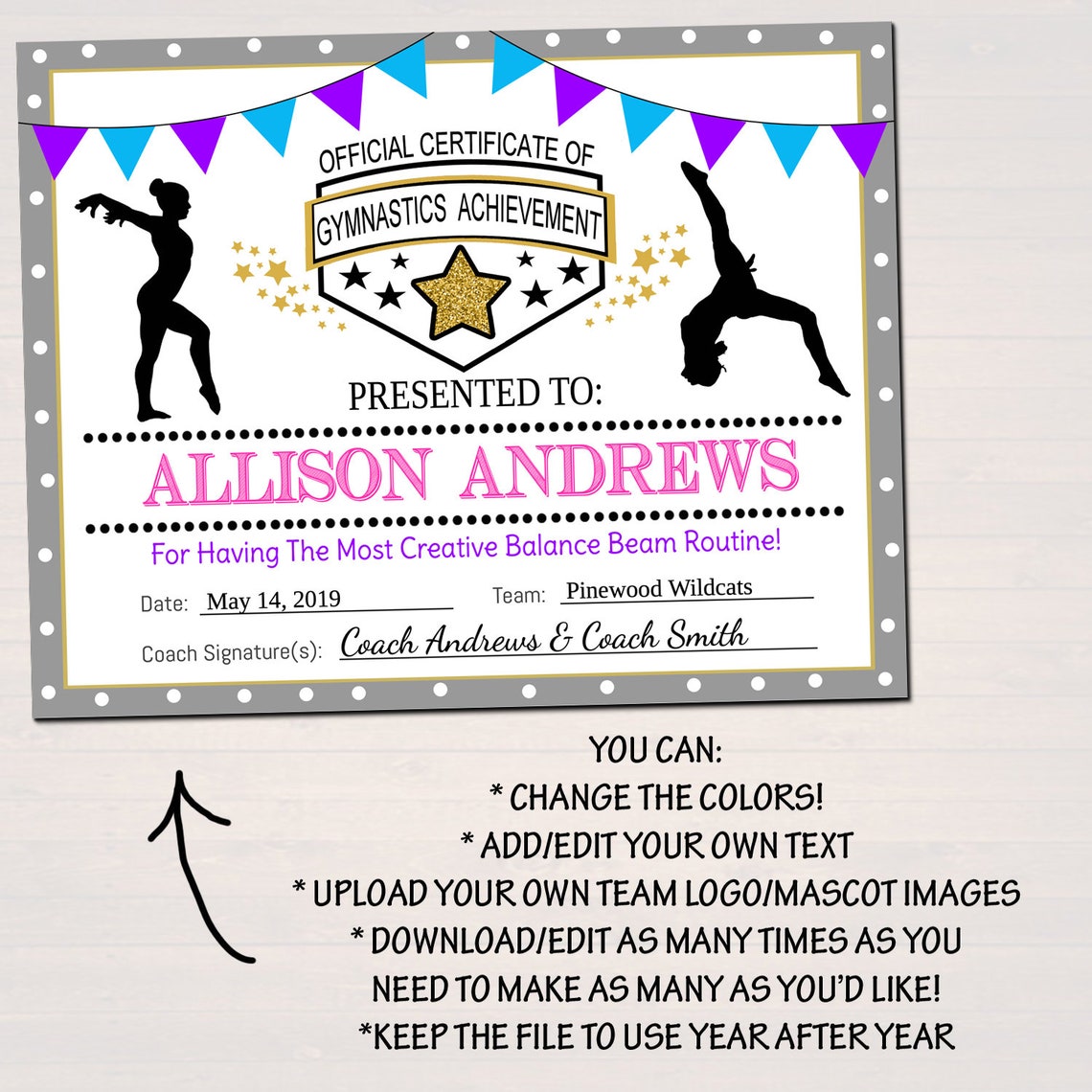 EDITABLE Gymnastics Certificates INSTANT DOWNLOAD Gymnastics | Etsy